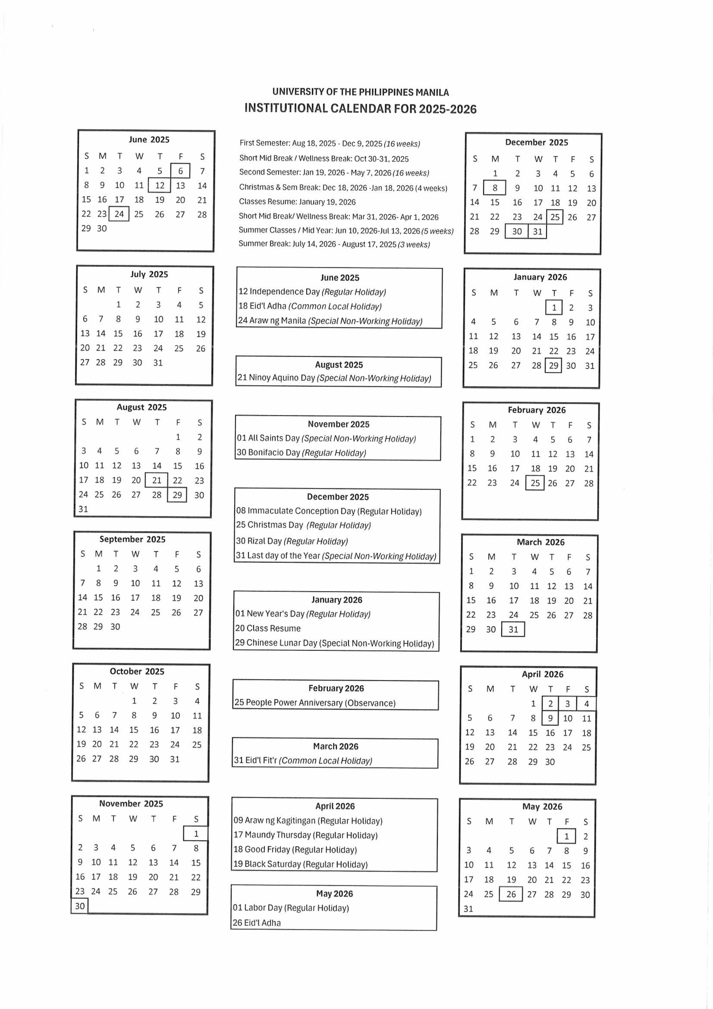 Academic Calendar | Office of the University Registrar
